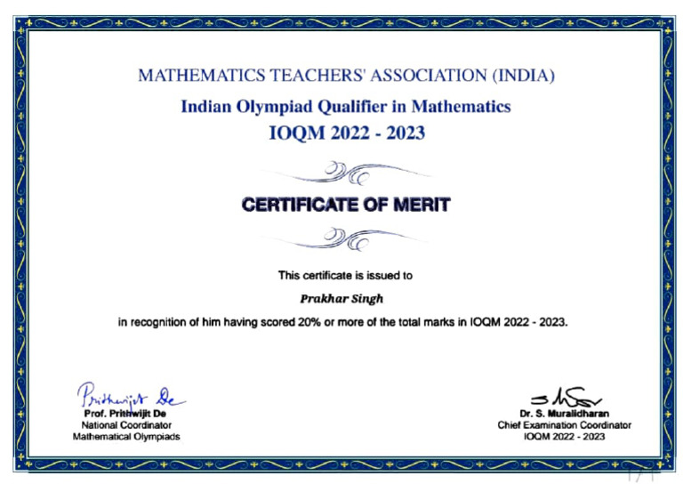 IOQM-2022 - 2023 Merit Cert | PDF