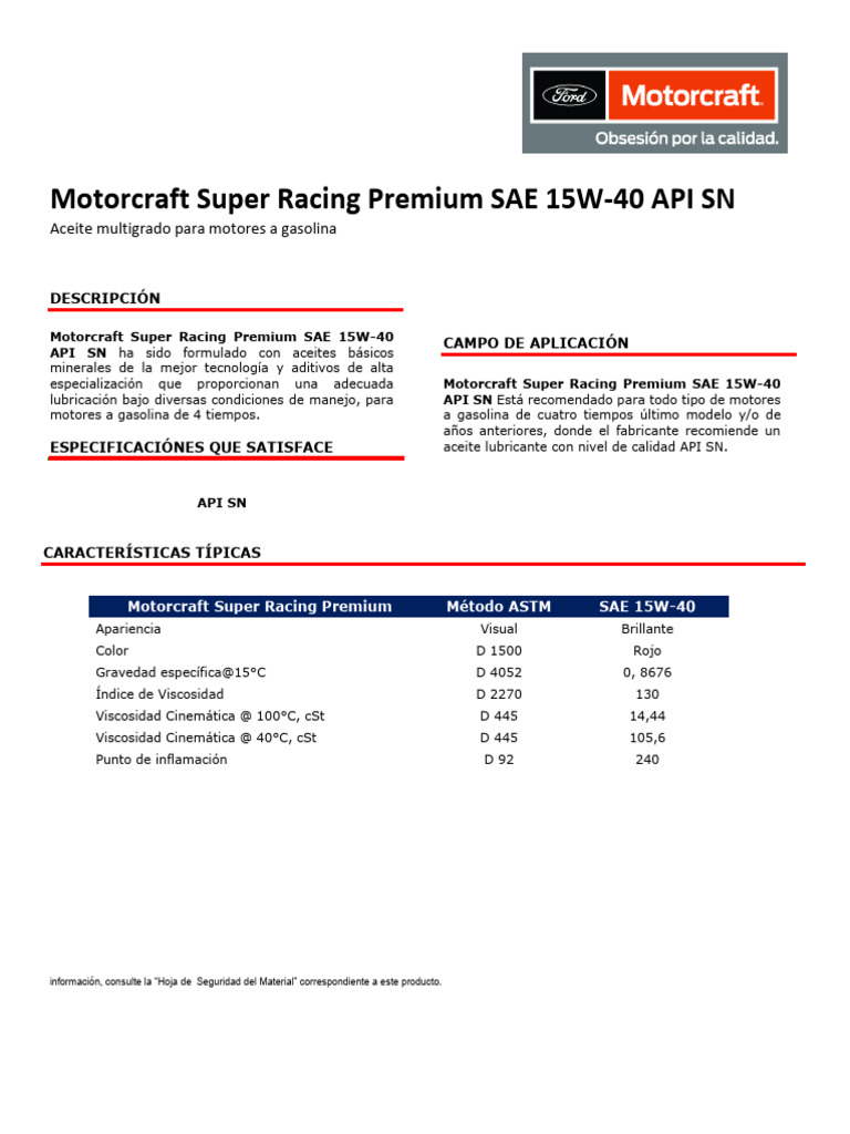 FTL - MC SRP SAE 15W-40 API SN_.docx | PDF | Lubricante | Gasolina