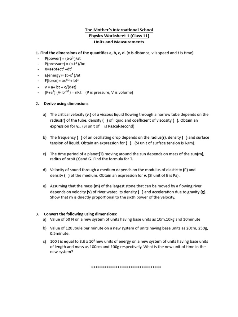 Units and Dimensions - Worksheet1 - Class 11 | PDF