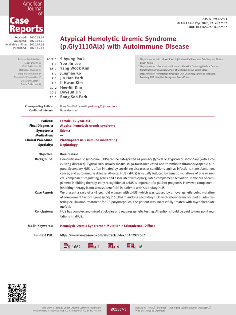 Atypical Hemolytic Uremic Syndrome (P.gly1110ala) With Autoimmune ...
