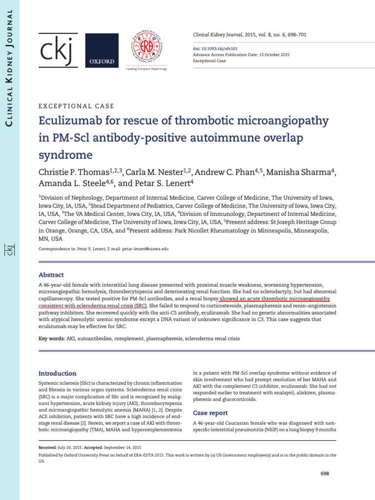 Clin Kid J Eculizumab For Rescue of MAT in PM SCL Ab AI Overlap Syndrome | PDF | Medical ...