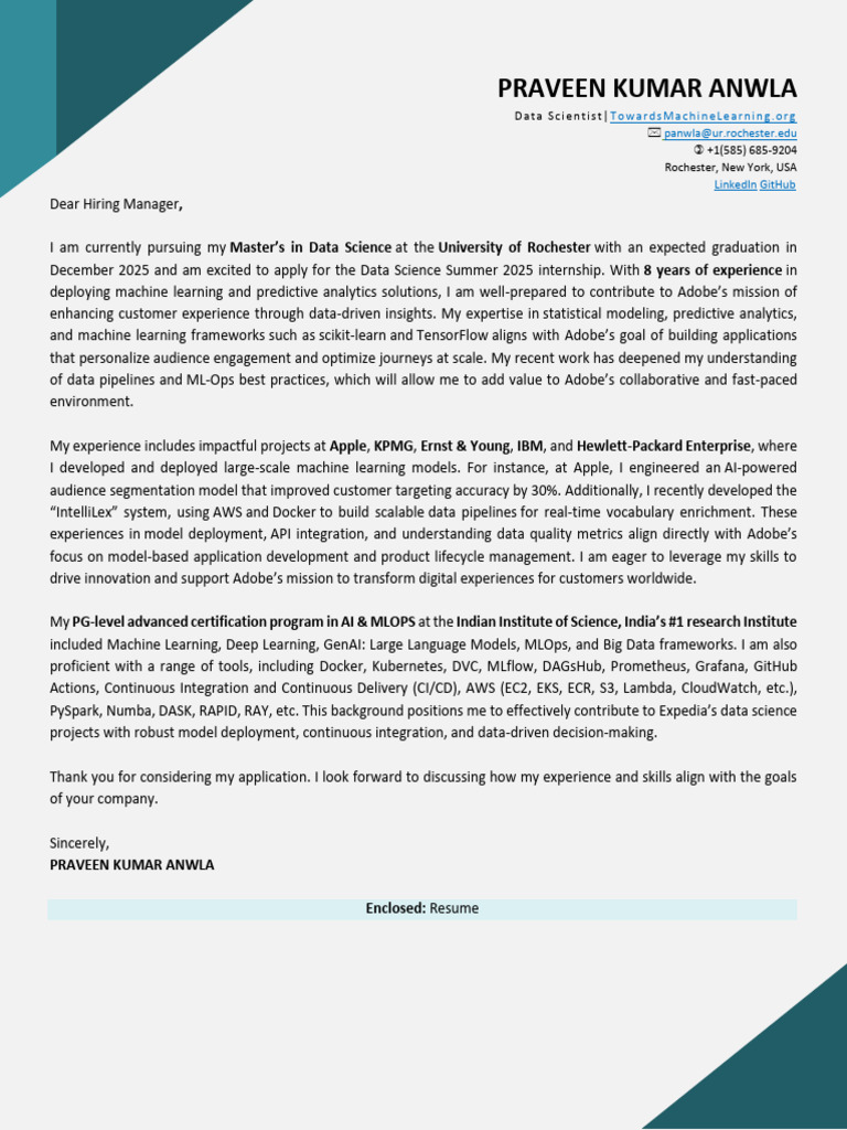 CoverLetter Praveen (8+yrs) (MSDS) Adobe MLE | PDF | Machine Learning | Analytics