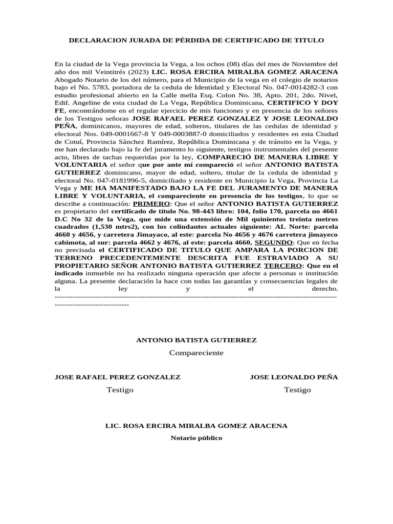 DECLARACION JURADA DE PÉRDIDA DE CERTIFICADO DE TITULO (2) | PDF | Gobierno