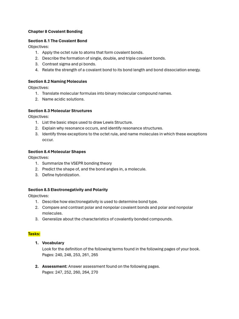 Chapter 8: Covalent Bonding Guide | PDF