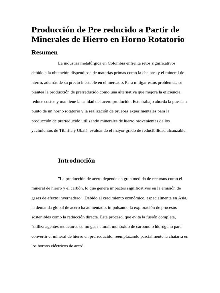 Producción de Pre Reducido A Partir de Minerales de Hierro en Horno ...