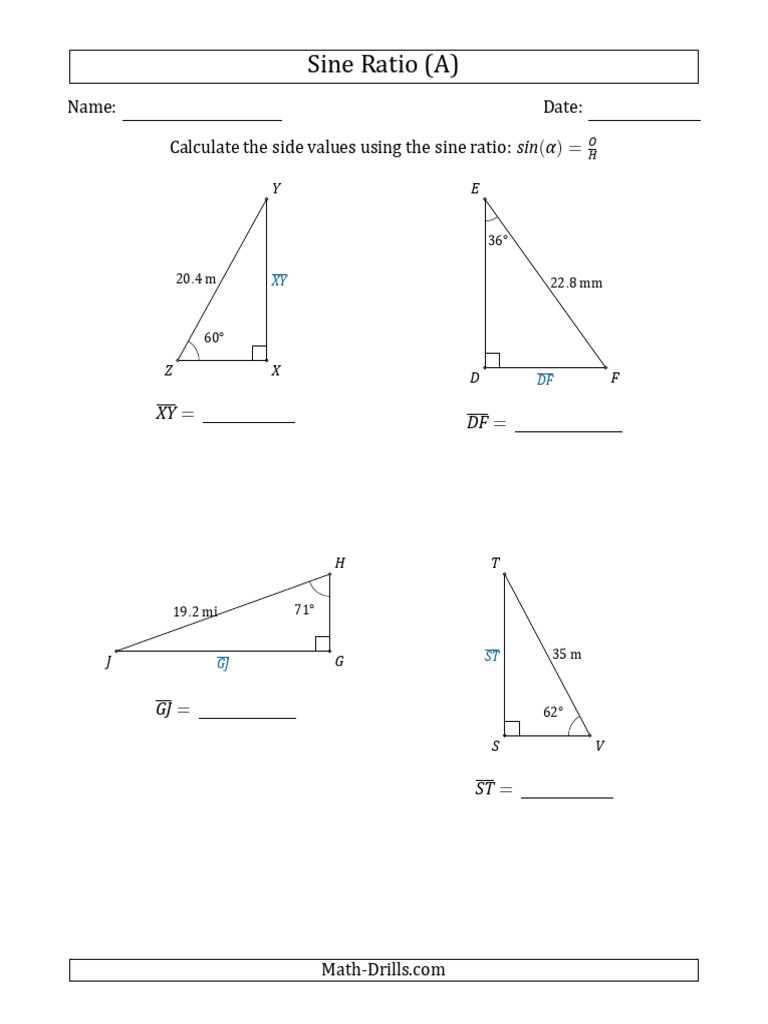 Sine Ratio Practice Worksheet | PDF