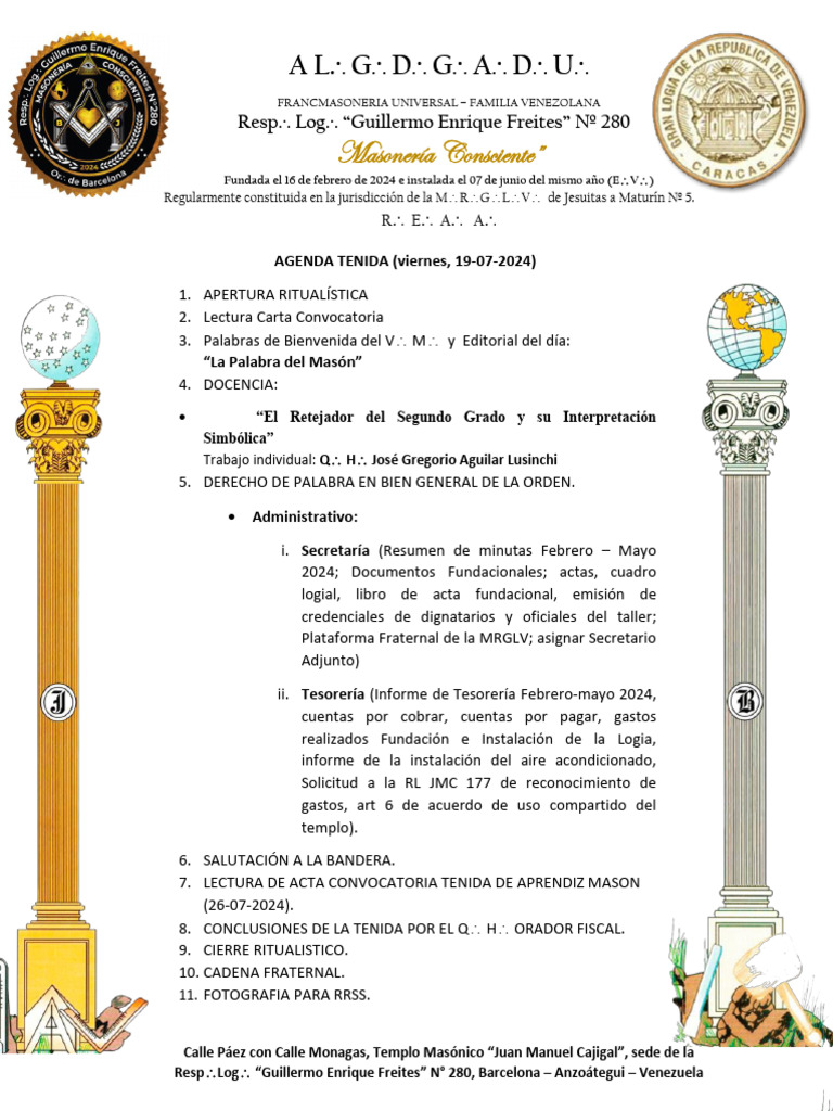AGENDA 12-07-2024 1era Tenida Aprendiz Julio Logia 280 | PDF