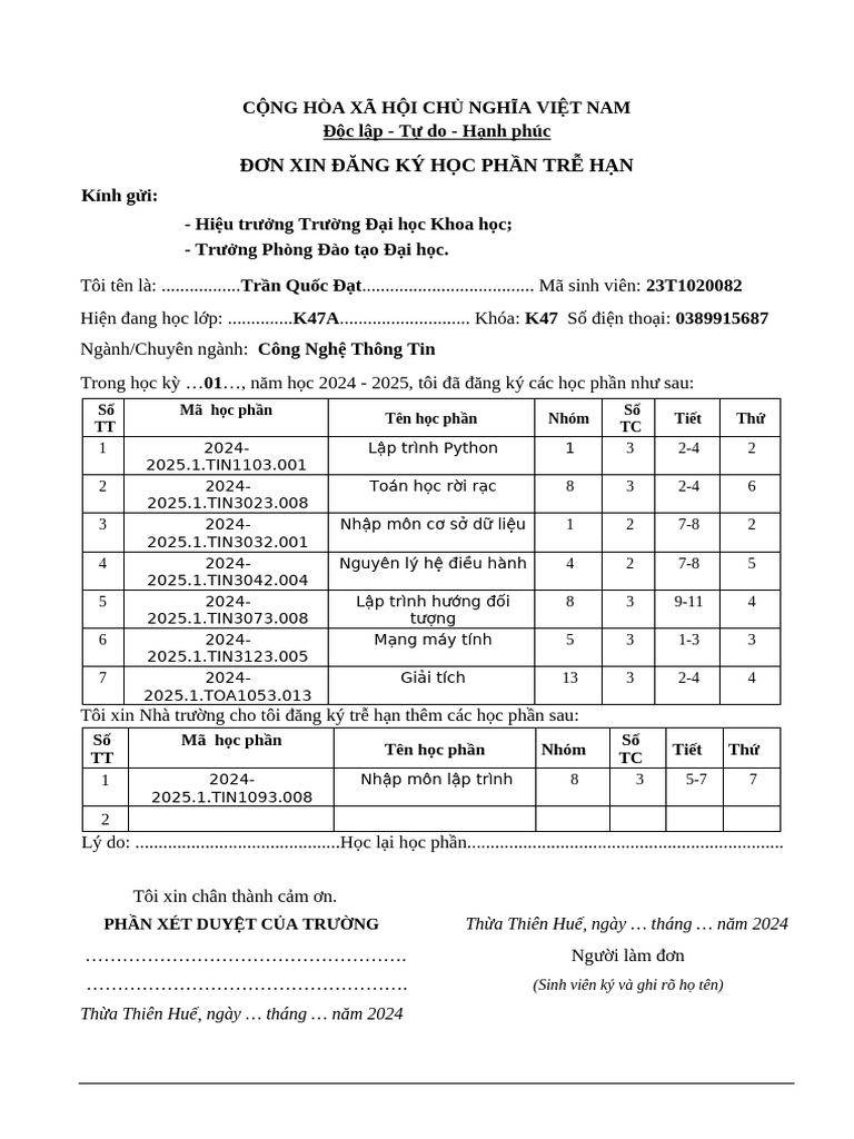don dang ky hoc phan tre han 1 | PDF don dang ky hoc phan tre han 1 | PDF