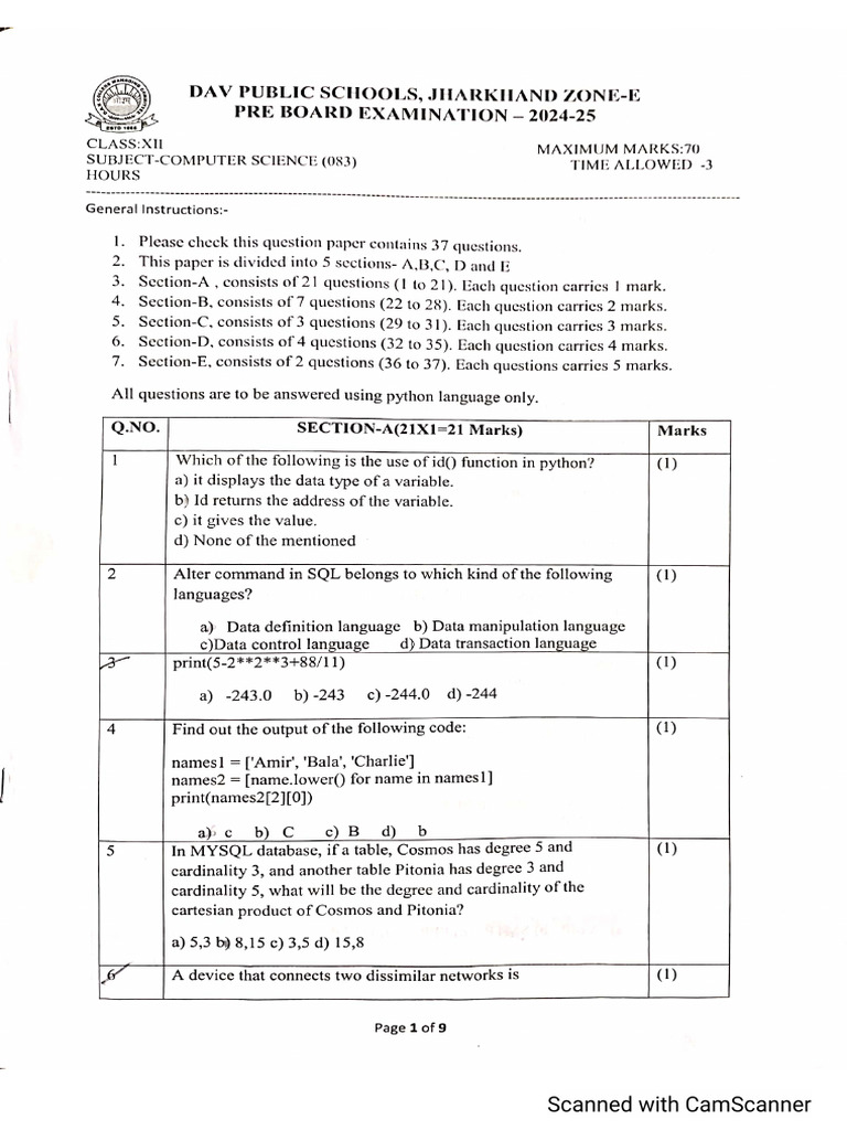 DAV Bistupur CS Preboard QP | PDF