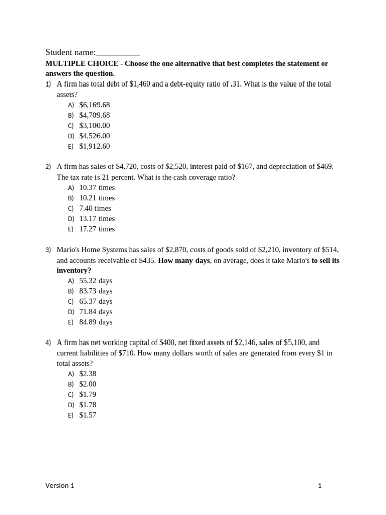 Inclass P Chapter 3 Ratio Questions | PDF | Balance Sheet | Equity ...