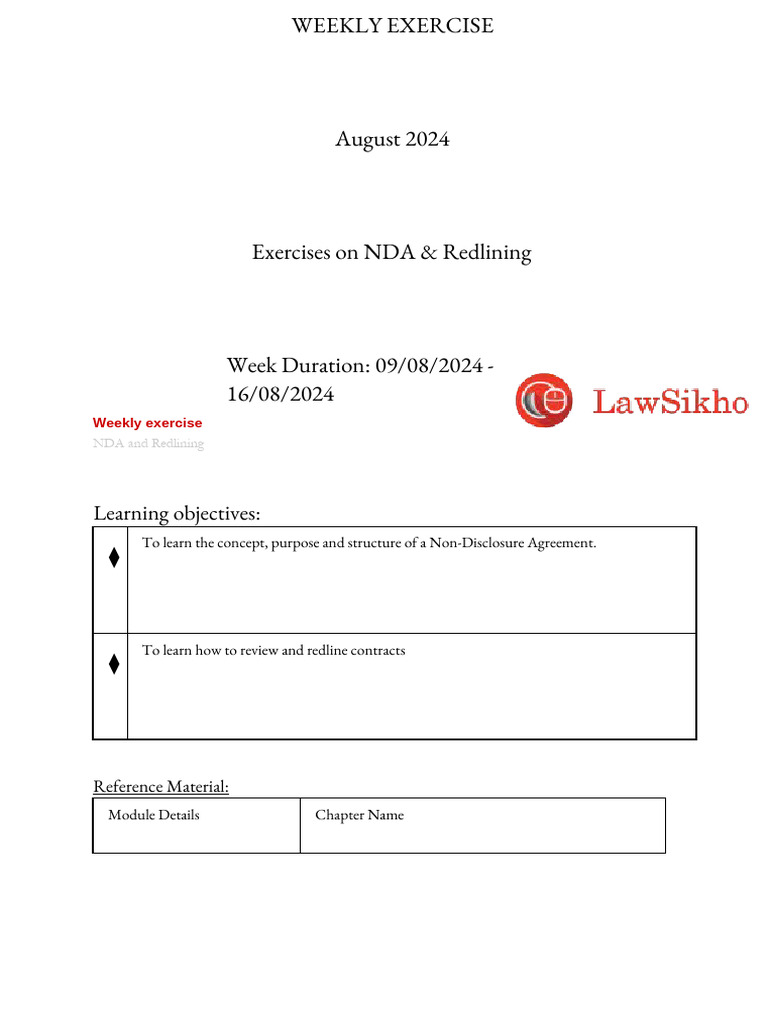 Weekly Exercises On NDA & Redlining - August 2024 | PDF | Non Disclosure Agreement ...