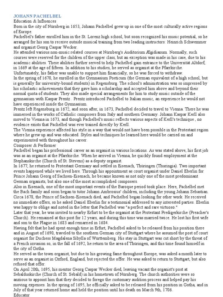 Johann Pachelbel: His Life, Works, and Legacy as a Composer, Performer ...