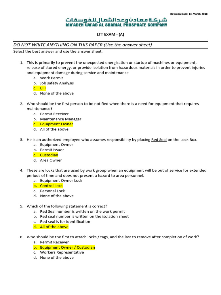 LTT Exam: Safety Protocol Quiz | PDF