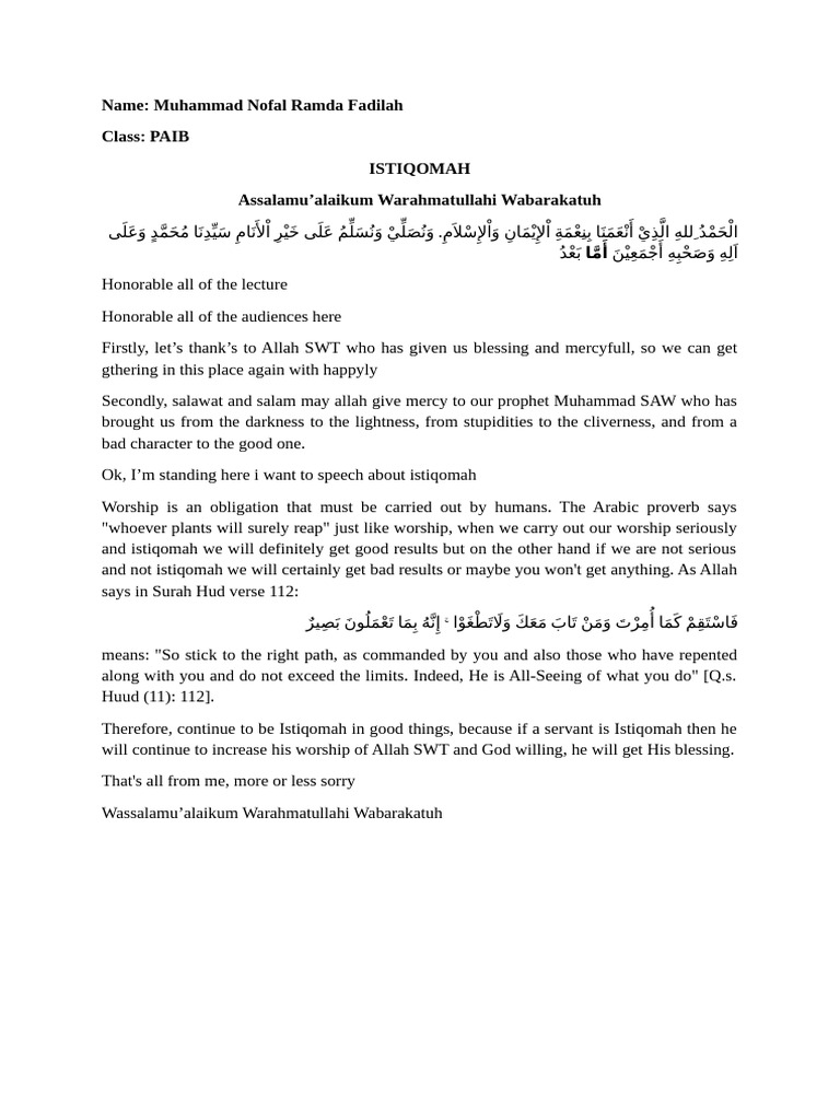 Name: Muhammad Nofal Ramda Fadilah Class: PAIB Istiqomah Assalamu'alaikum Warahmatullahi ...