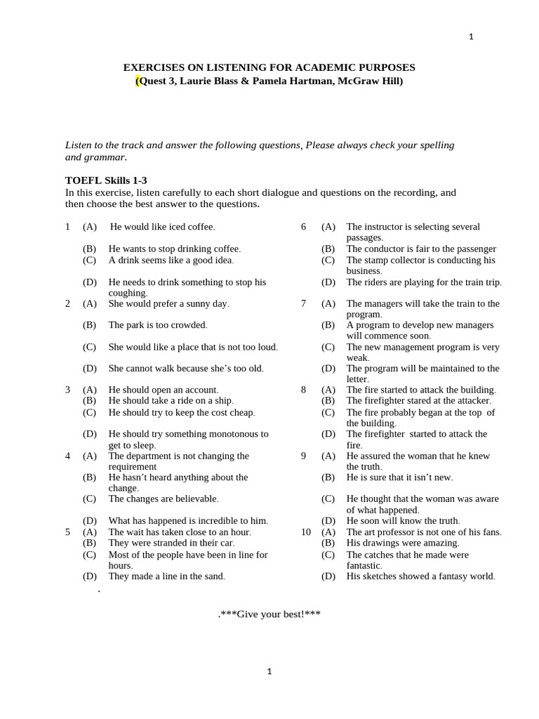 12b. Exercises TOEFL - Listening For AP 2020 1 | PDF