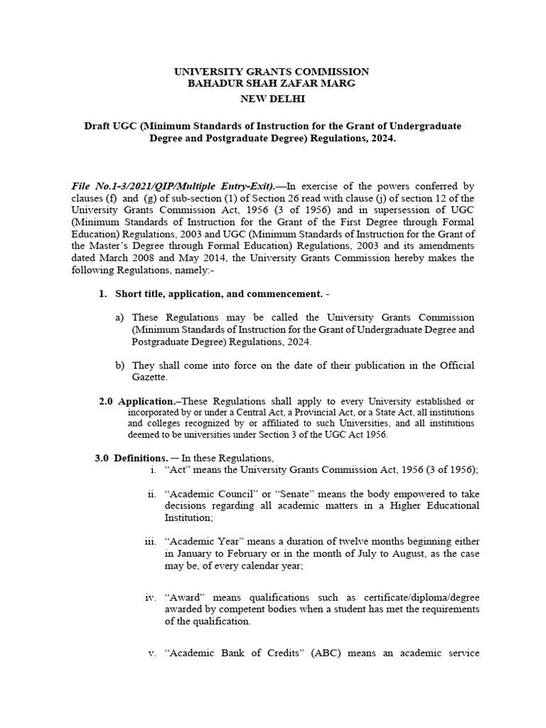 UGC Draft Regulations for Degrees 2024 | PDF | Academic Degree ...