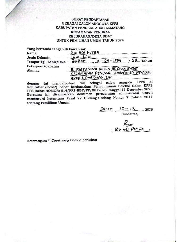 surat pendaftaran Rio Adi saputra | PDF