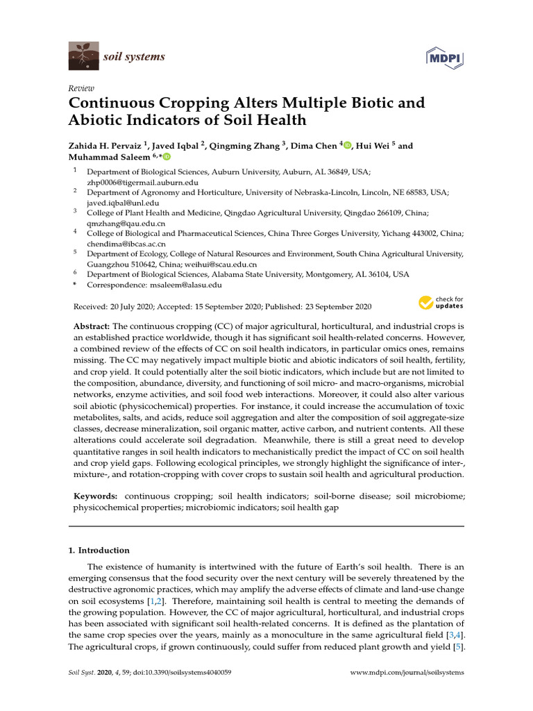 Continuous Cropping Alters Multiple Biotic and Abiotic Indicators of Soil Health ...