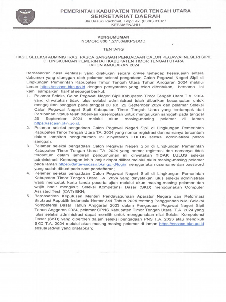 Pengumuman Hasil Seleksi Administrasi Pasca-Sanggah Pengadaan CPNS Di Lingkungan Pemkab TTU TA ...