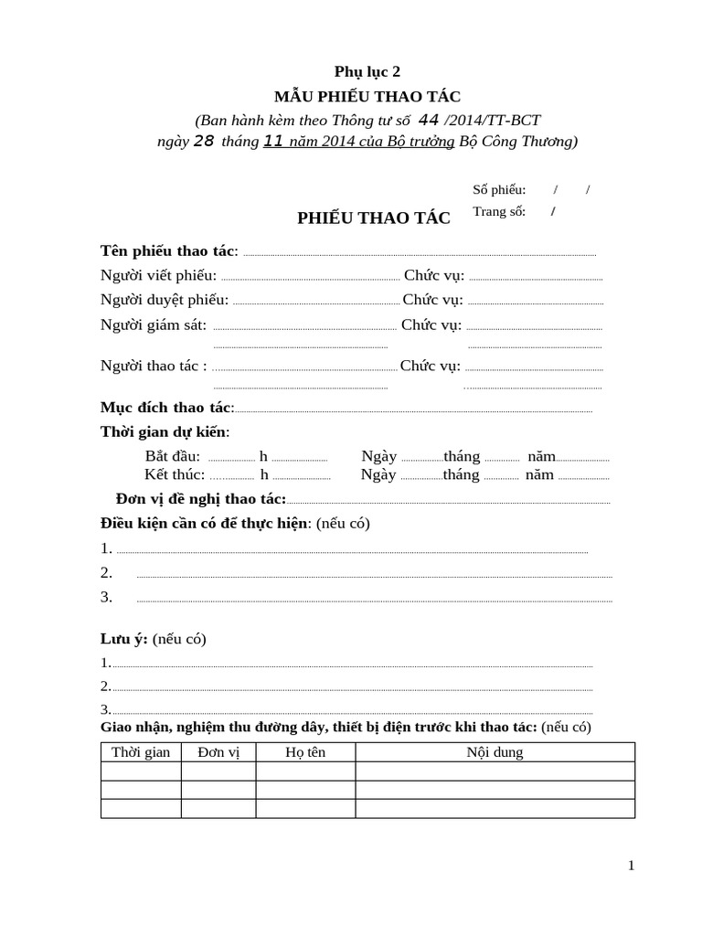 Phieu Thao Tac | PDF