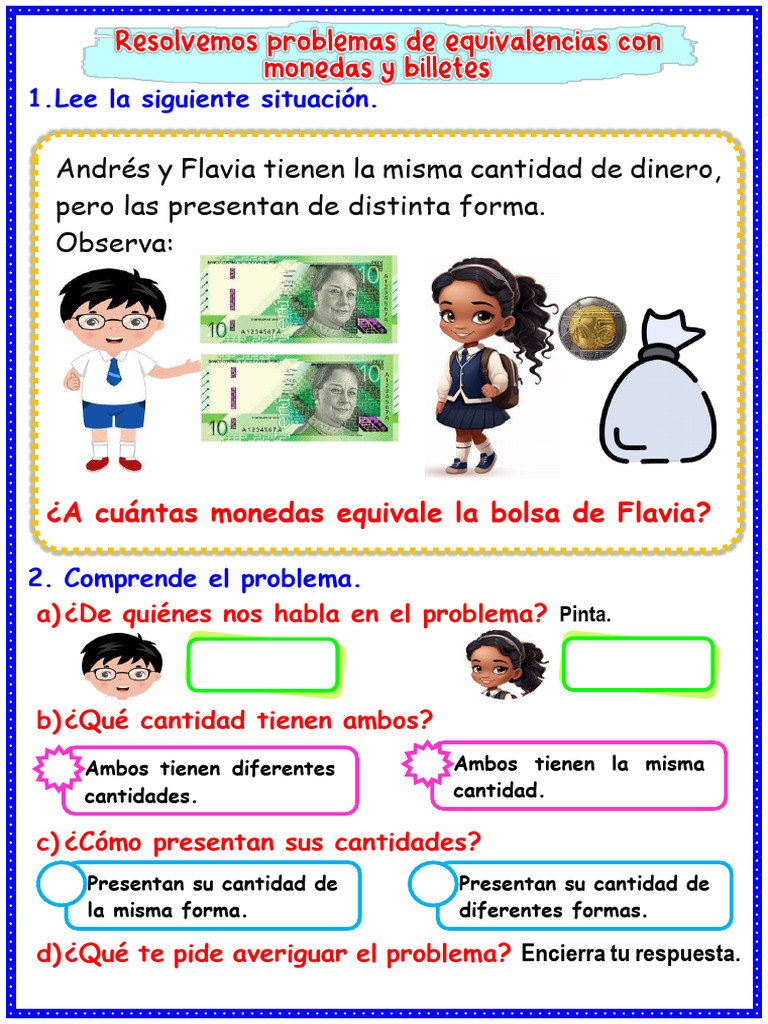 Ficha Resolvemos Problemas Equivalencias Con Monedas y Billetes Maestra ...
