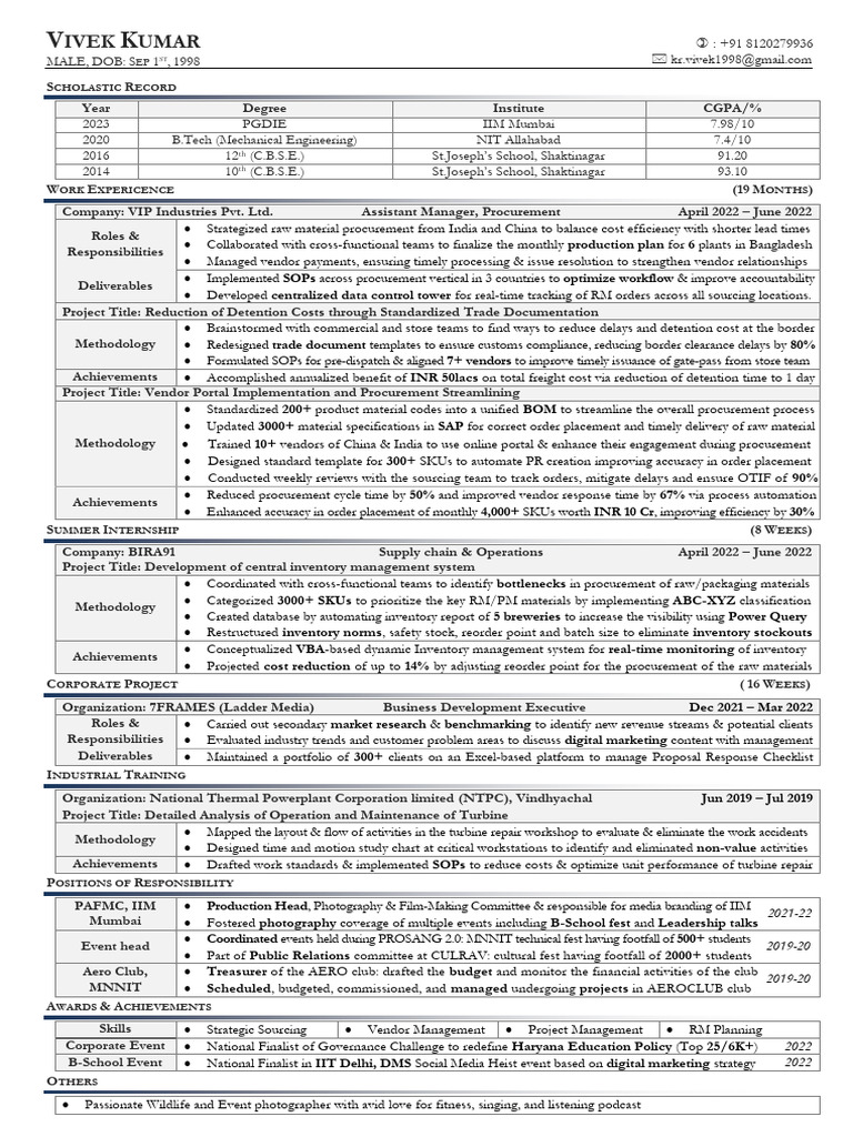 RESUME Vivek v1 | PDF | Inventory | Procurement