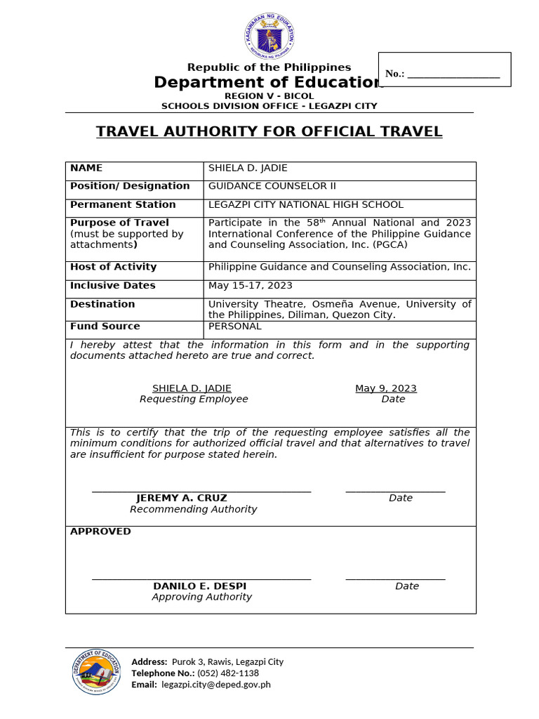 Travel Authority For Official Travel 2022 | PDF