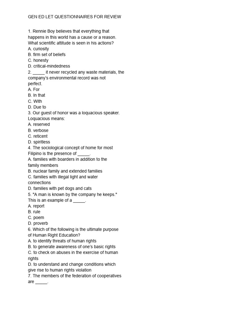 General Education LET Review Questions | PDF | Physical Sciences ...