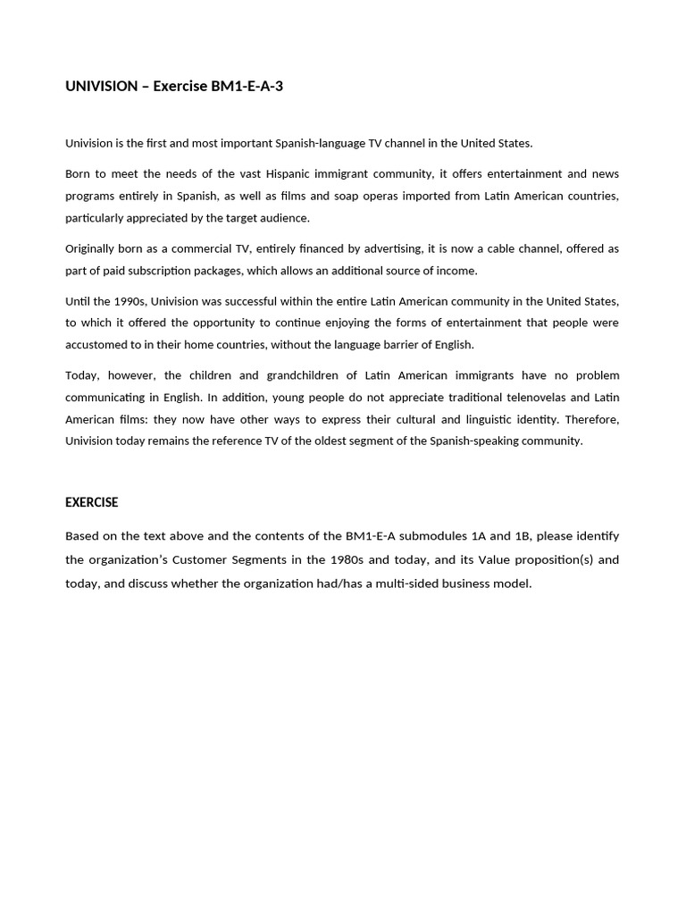 Exercise BM1-E-A-3 - Univision | PDF