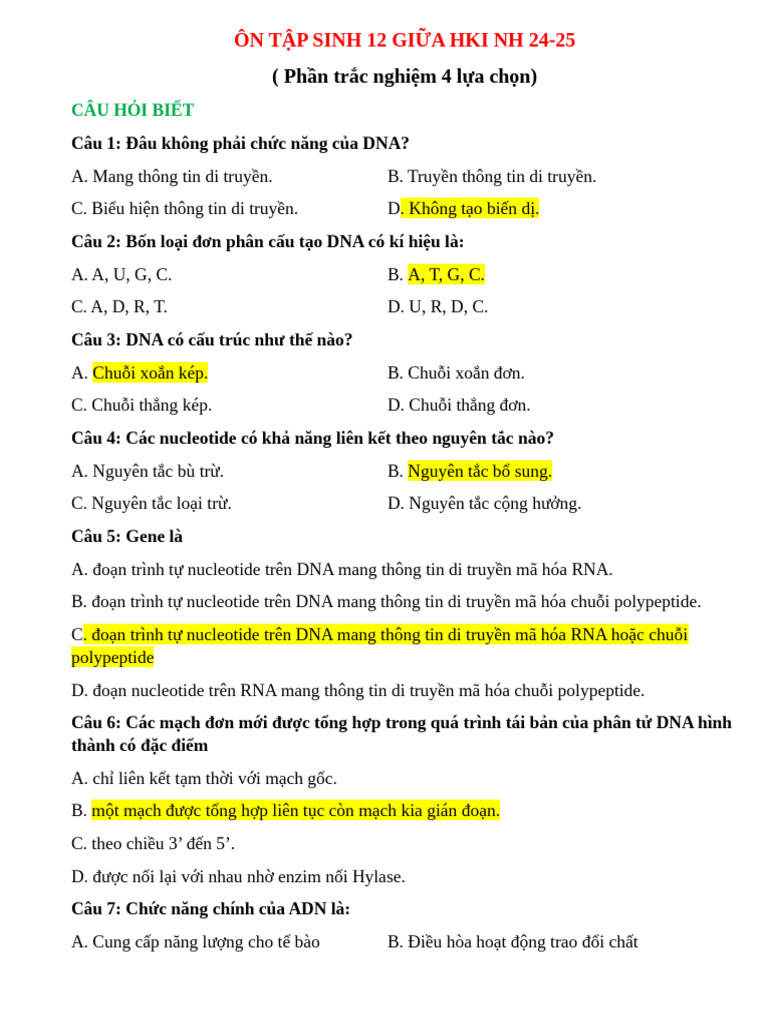 ÔN TẬP SINH 12 GHKI NH24-25 | PDF