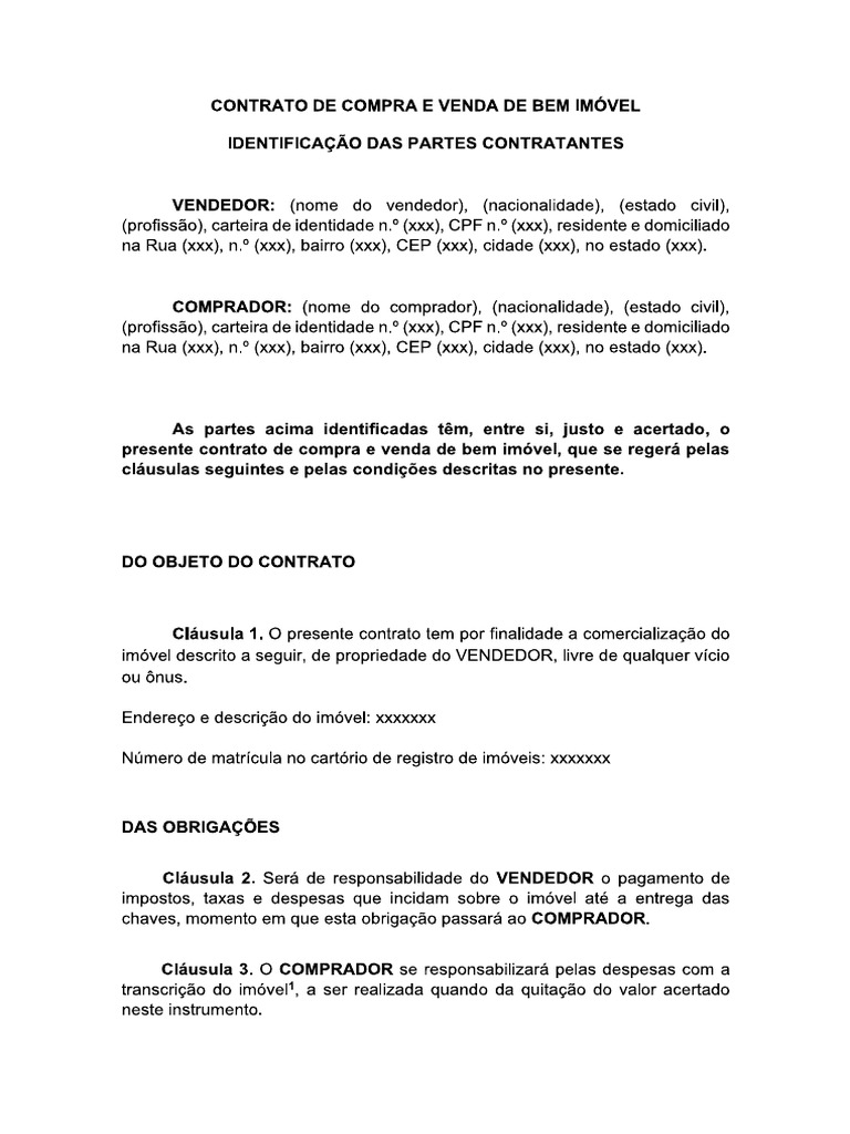 Exemplo Contrato de Compra e Venda de Bem Imóvel | PDF