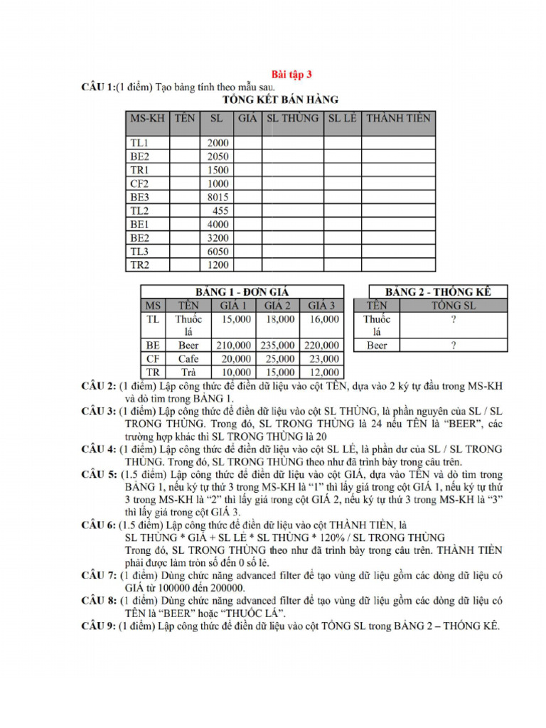 Bai Tap Excel 3 | PDF
