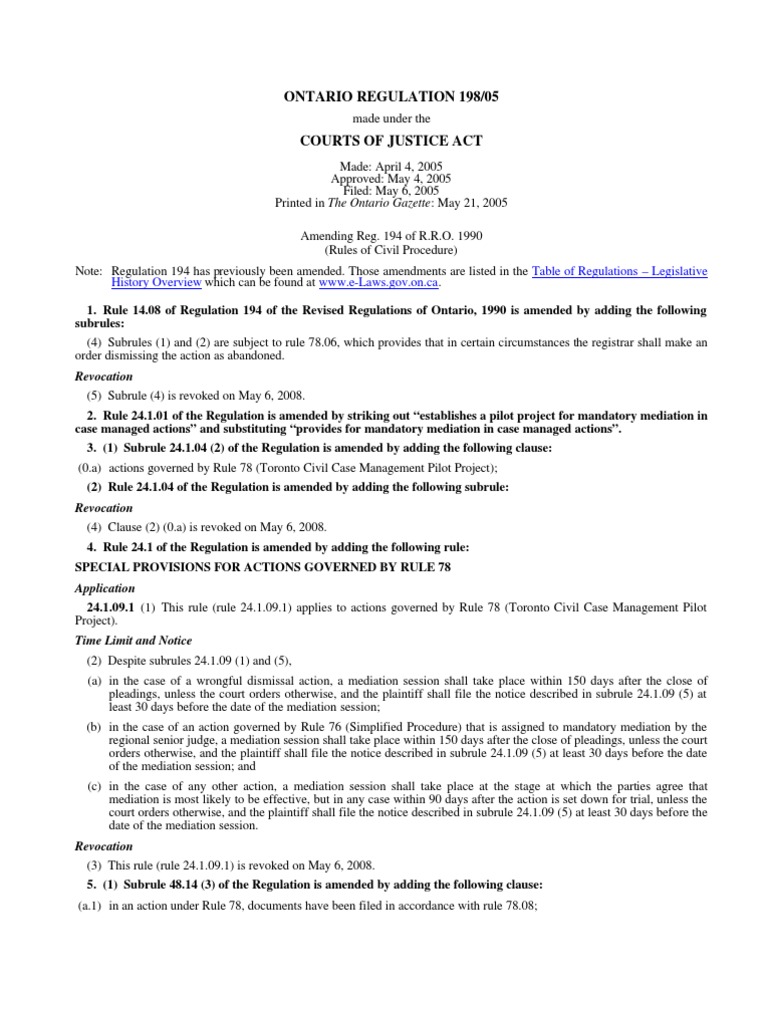 Ontario Regulation 198/05: Table of Regulations - Legislative History ...