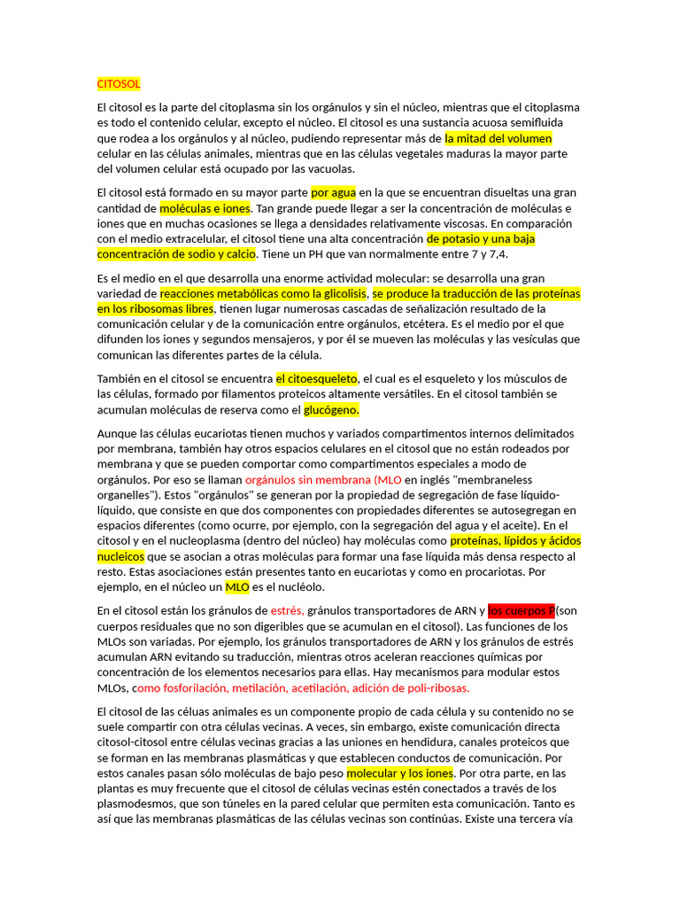 Citosol: Composición y Funciones Celulares | PDF | Citosol | Biología Celular)