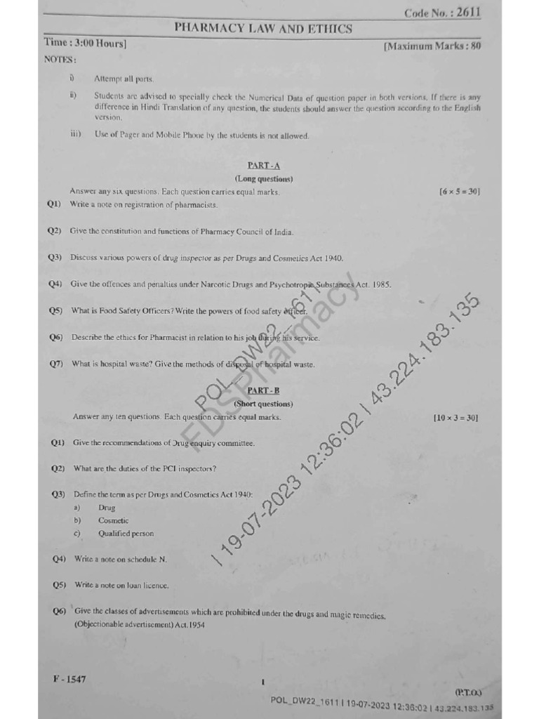 Pharmacy Law Ethics Question Paper 2023 | PDF