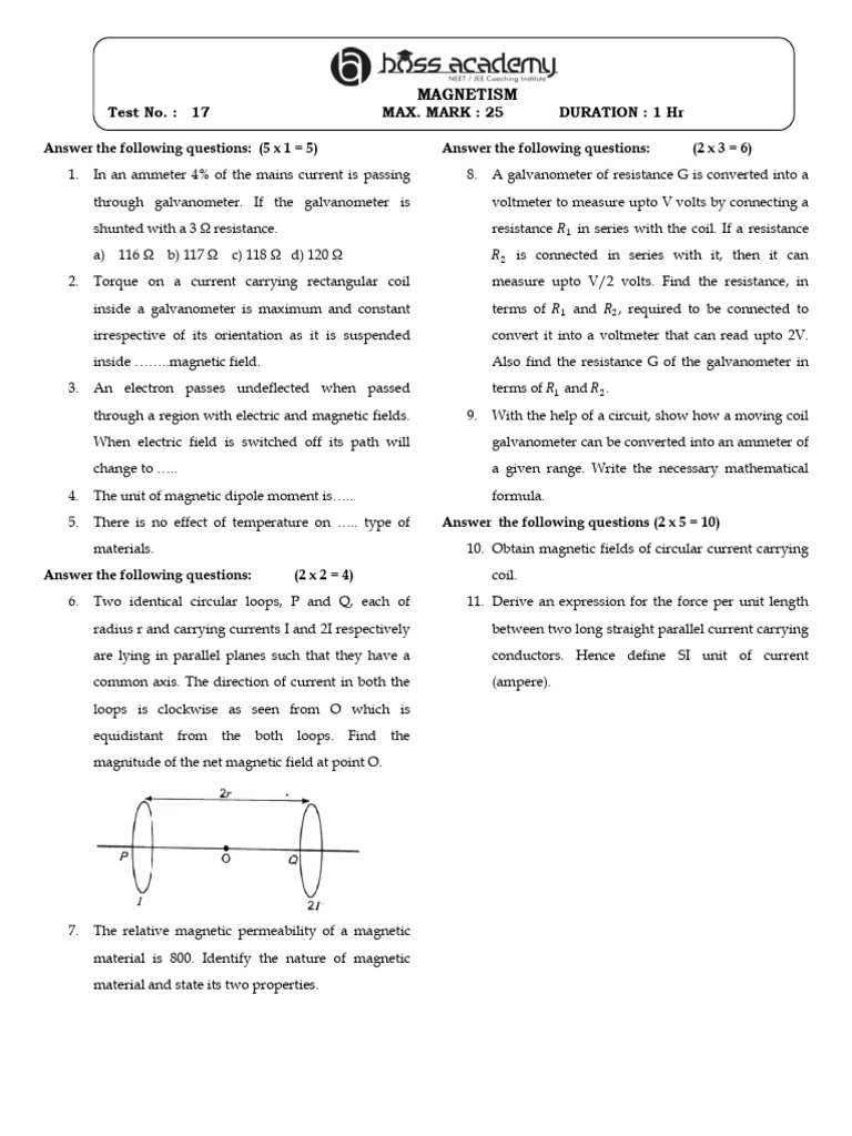 Test 17, Magnetism QP With Solutions, 13.08.2024 | PDF | Magnetic Field ...