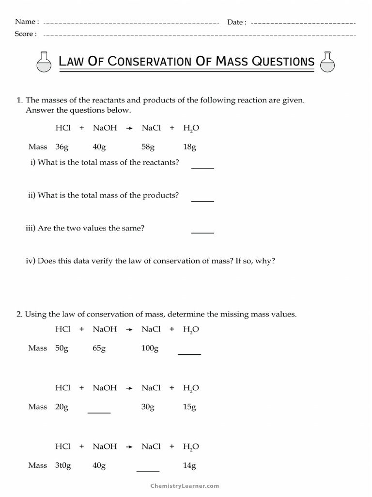 Law of Conservation of Mass Worksheet Chemistry With Answers | PDF