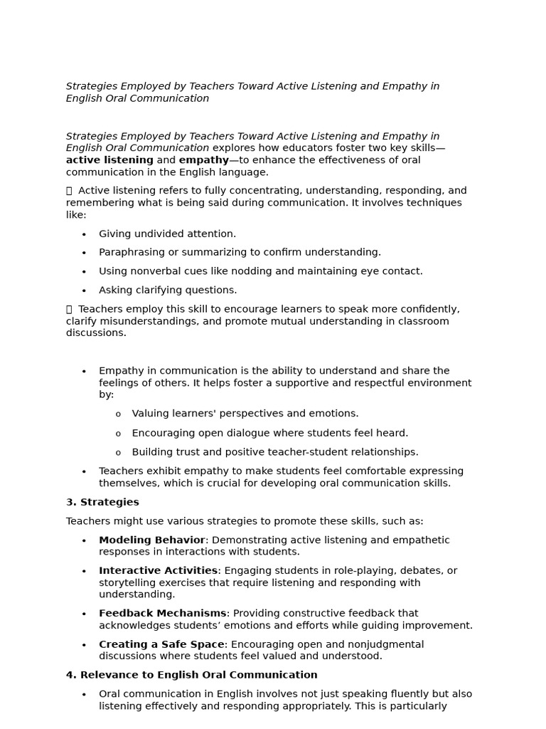 Strategies Employed by Teachers Toward Active Listening and Empathy in ...