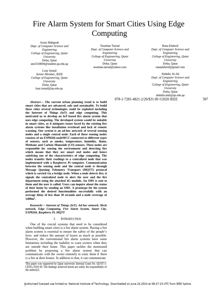 Fire Alarm System For Smart Cities Using Edge Computing | PDF ...