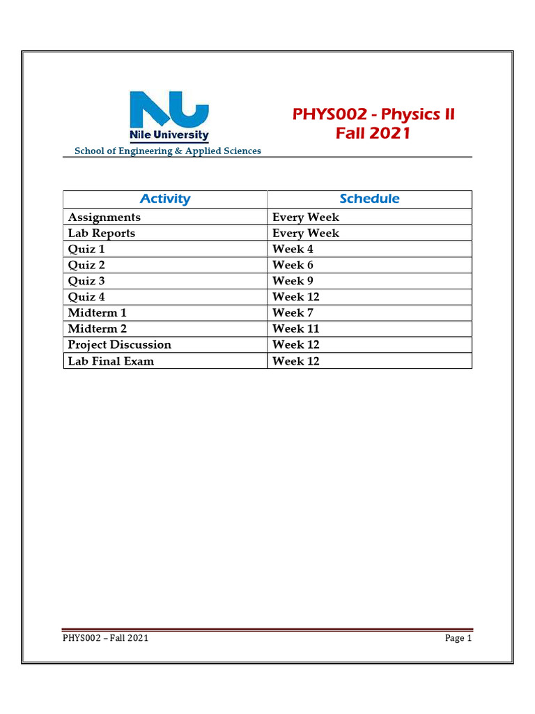 PHYS002 - Fall 2021 - Course Activities Schecule | PDF