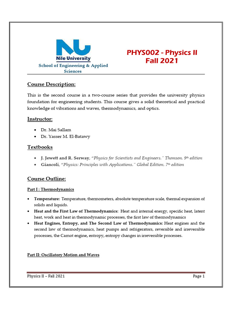 PHYS002_Fall 2021_ Course Outline | PDF | Waves | Heat