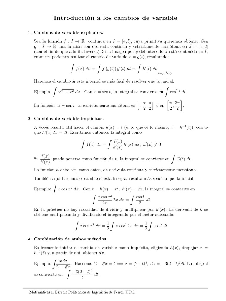 Cambios de Variable en Integrales | PDF | Integral | Álgebra