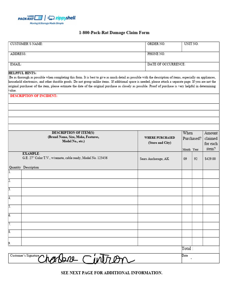 1-800-Pack-Rat Damage Claim Form | PDF