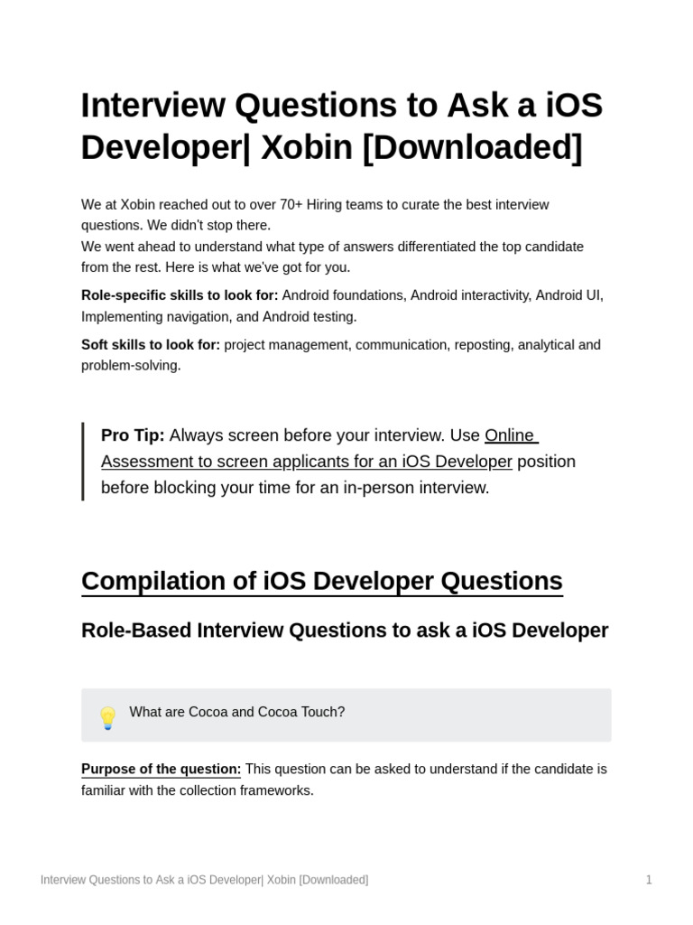 Interview Questions To Ask A iOS Developer Xobin Downloaded | PDF | Ios ...