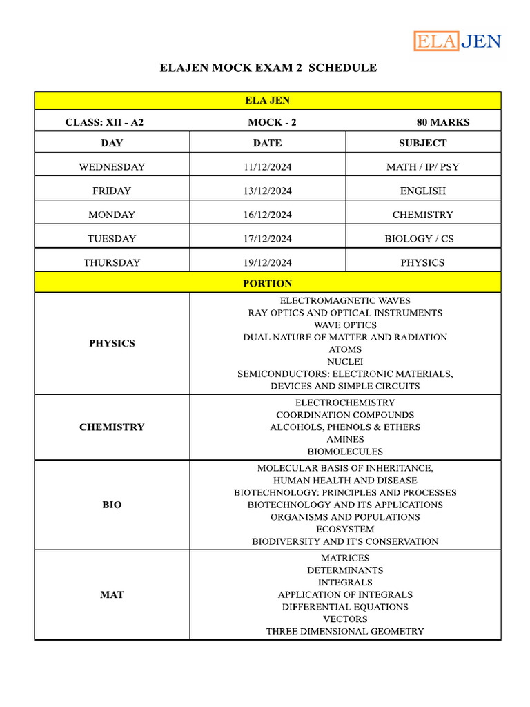Xii Jee Mock -2 Reschedule | PDF
