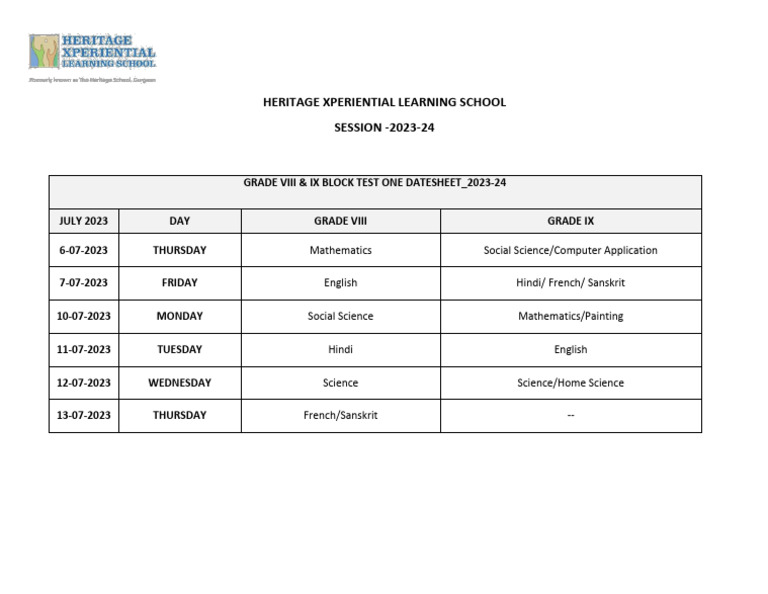 Grade Viii, Ix - Block Test One Date Sheet - 2023-24 | PDF