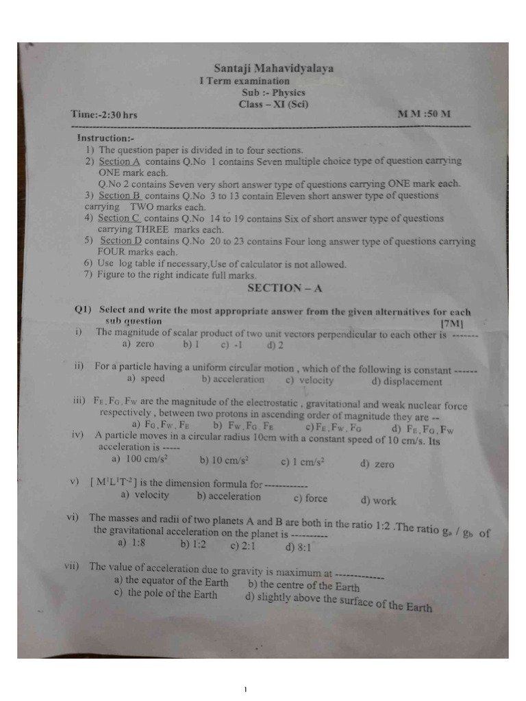 11th 1st Term Physics Ques Paper | PDF