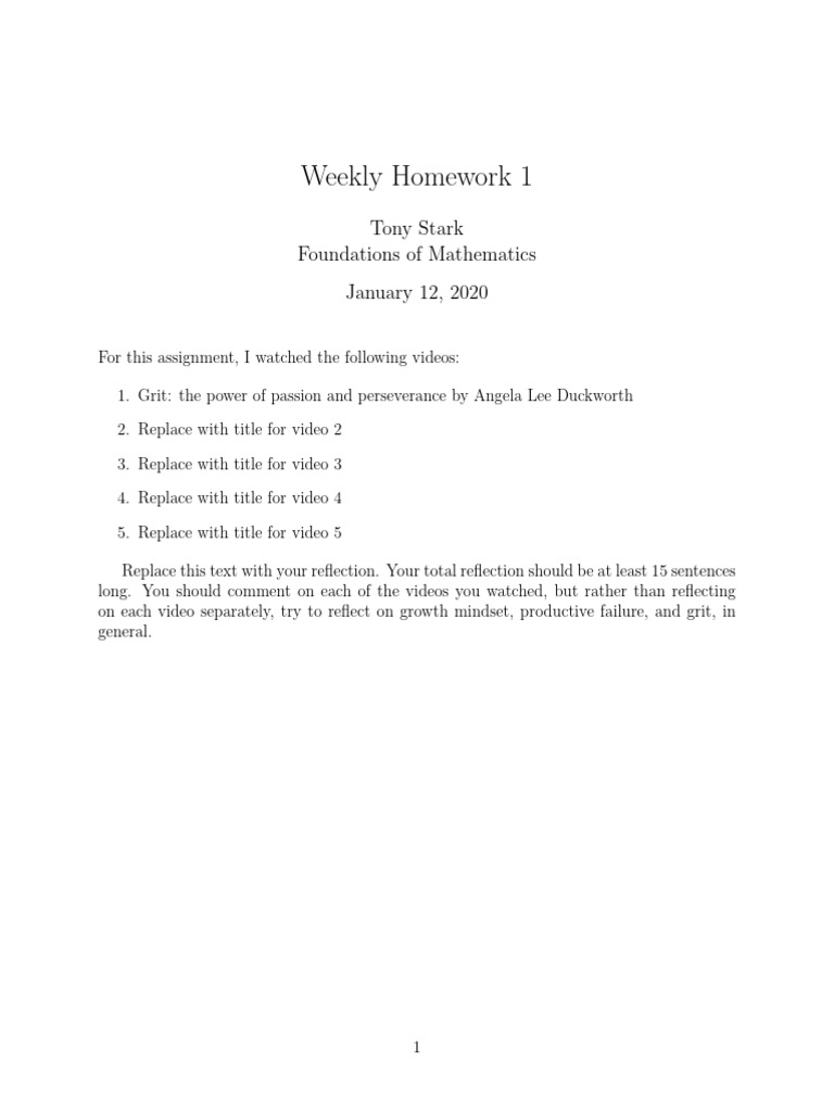 Weekly Homework 1 for Reflection on Growth Mindset and Productive ...