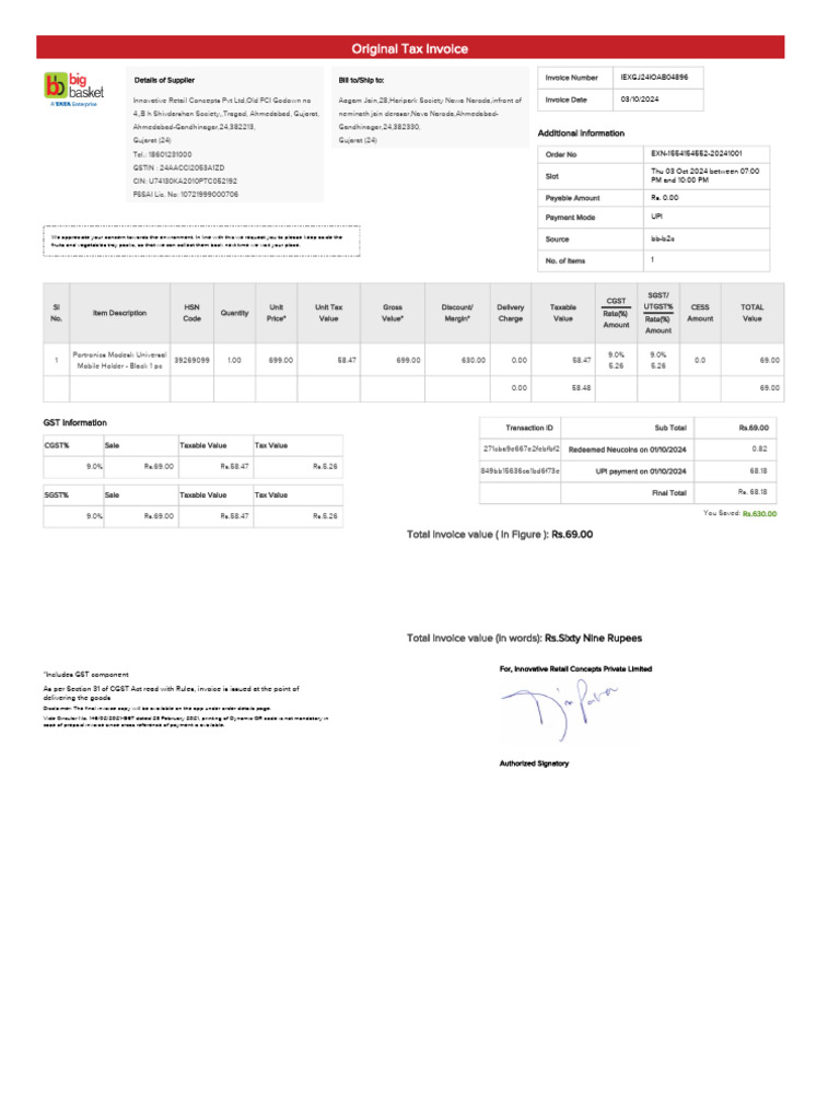 Tax Invoice for Neucoins Redemption | PDF | Invoice | Taxation