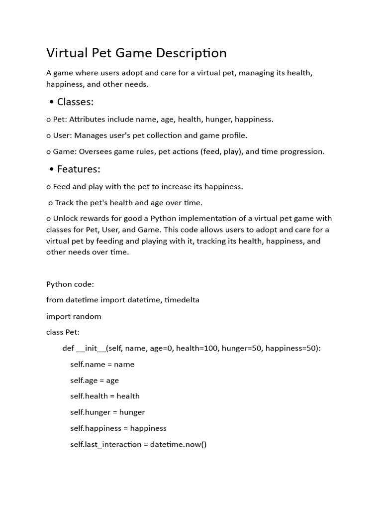 Virtual Pet Game Description | PDF | Computing